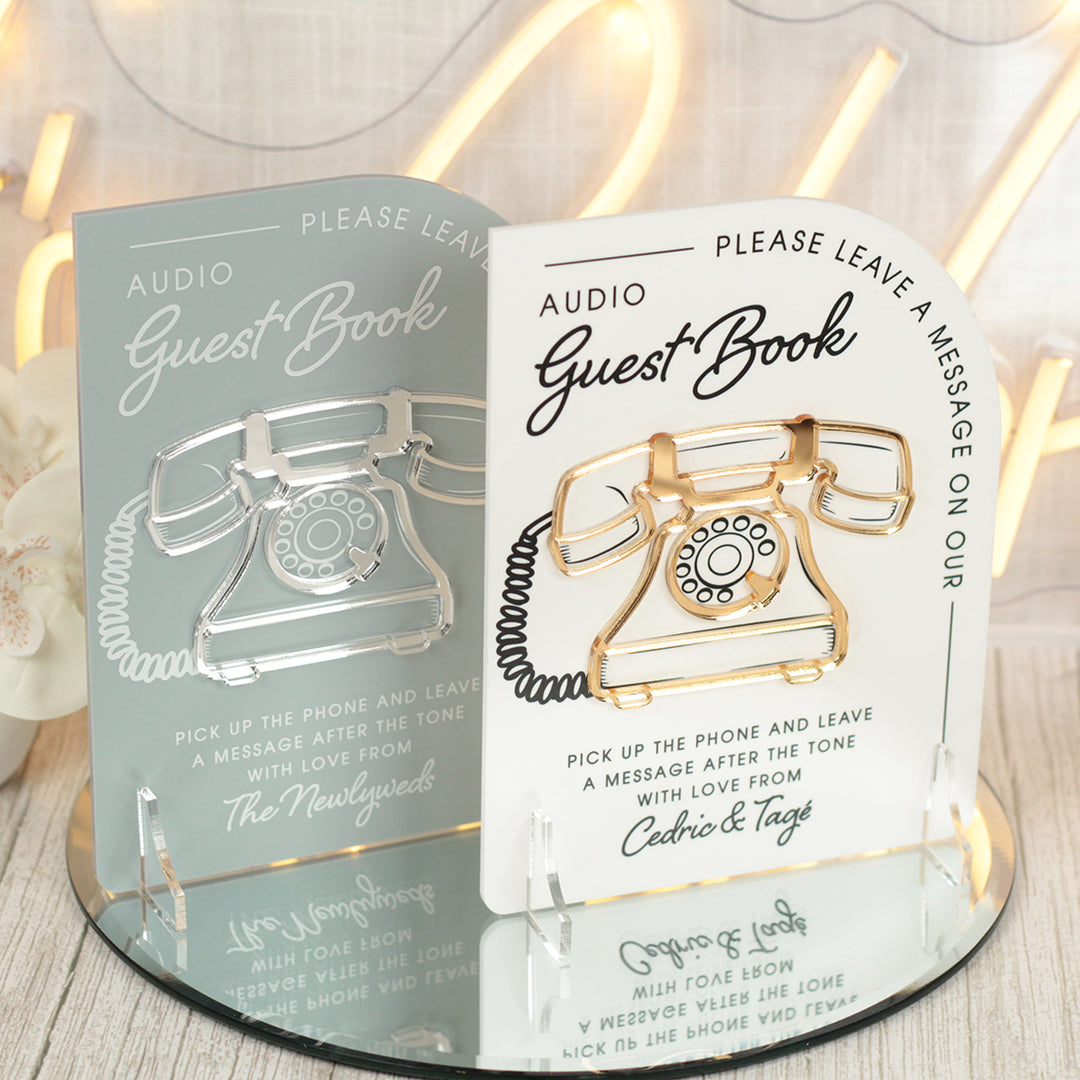 Modern Arch Audio Phone Guest Book Acrylic Sign – Weddings by Lumi