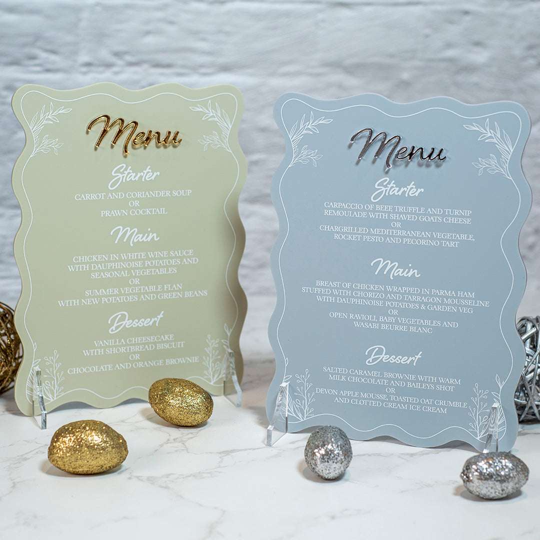 Wavy Edge 3D Matt and Mirror Acrylic Freestanding Menu – Weddings by Lumi
