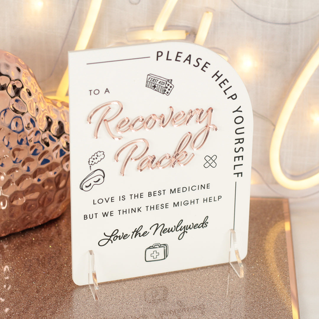 Modern Arch Hangover Recovery Pack Acrylic Sign – Weddings by Lumi